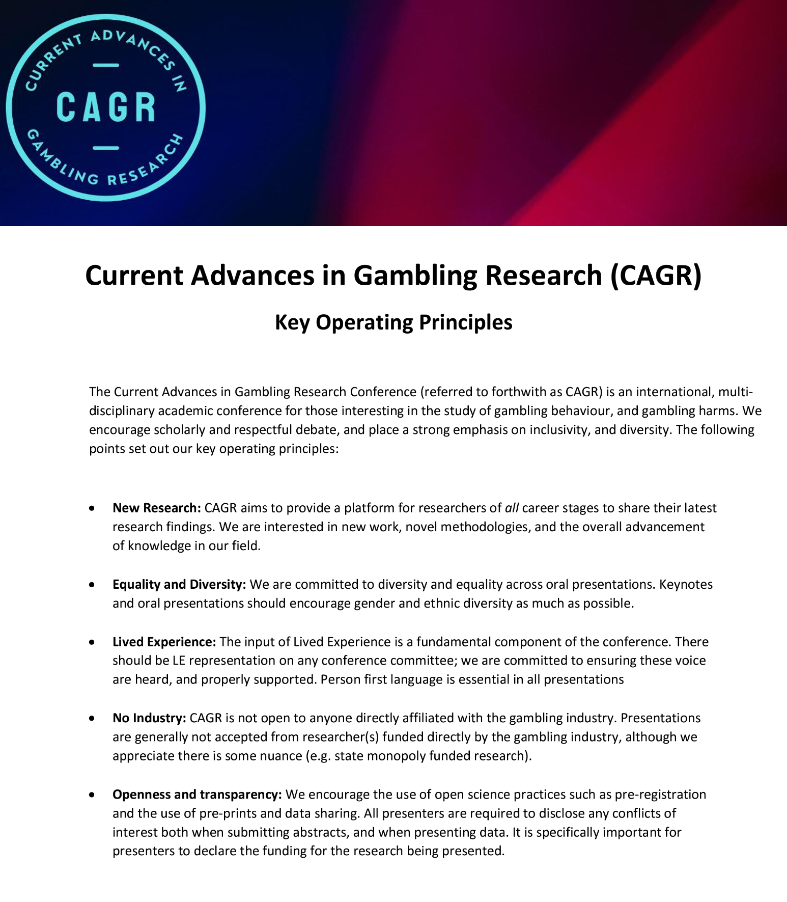 Key Operating Principles – Current Advances in Gambling Research